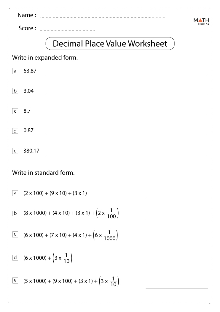 Place Value In Decimals Worksheet Worksheets For Kindergarten