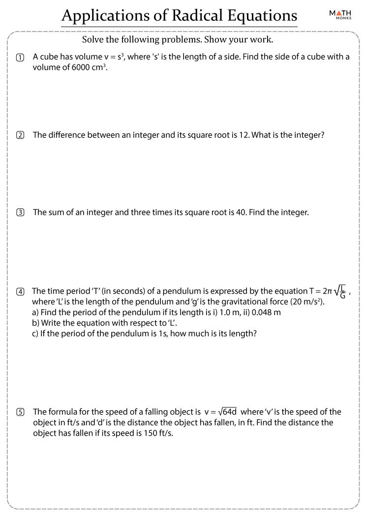 Solving Radical Equations Worksheets Math Monks Solving Radical Equations Worksheets Math Monks
