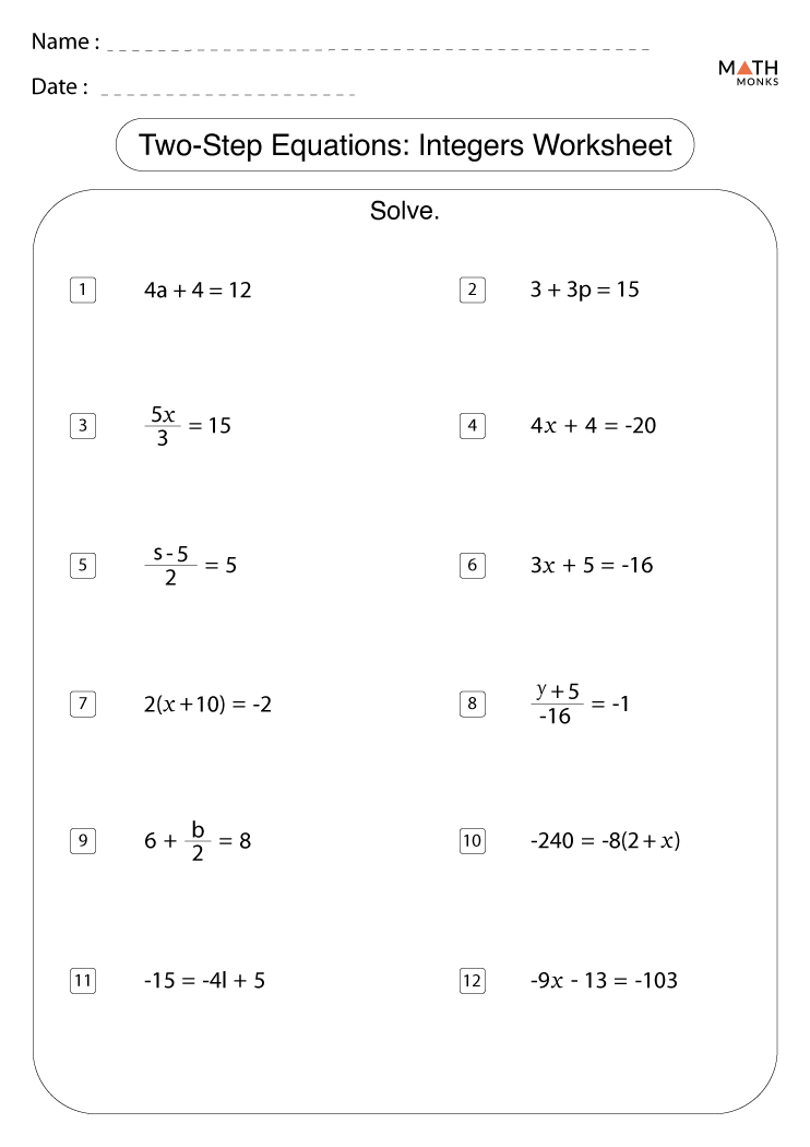 Two Step Equations Worksheets Math Monks Two Step Equations Worksheets Math Monks