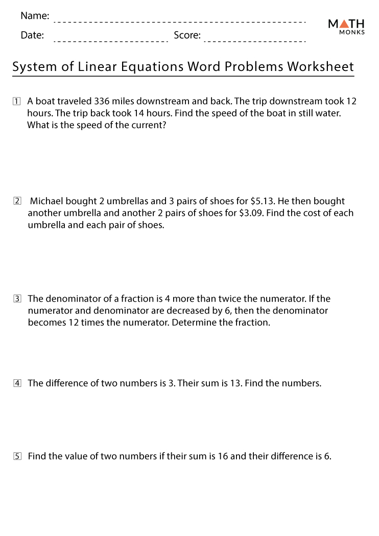 Systems Of Linear Equations Worksheets With Answer Key