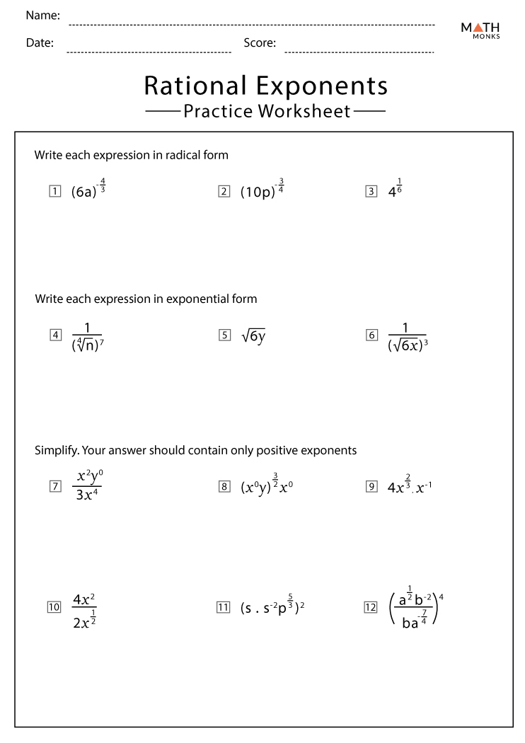 Rational Exponents Worksheets Math Monks