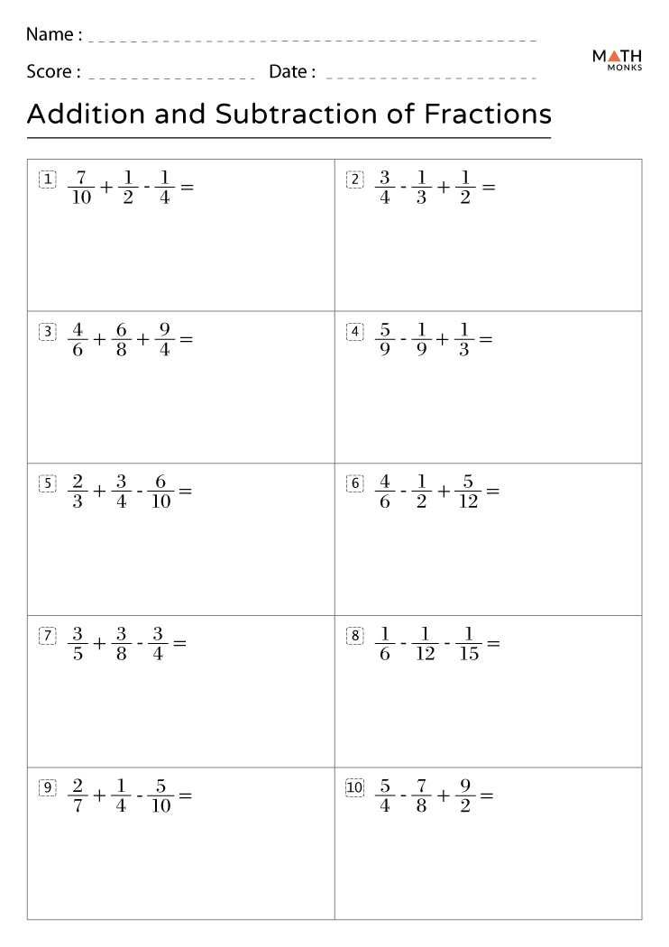 Adding And Subtracting Fractions Worksheets With Answer Key