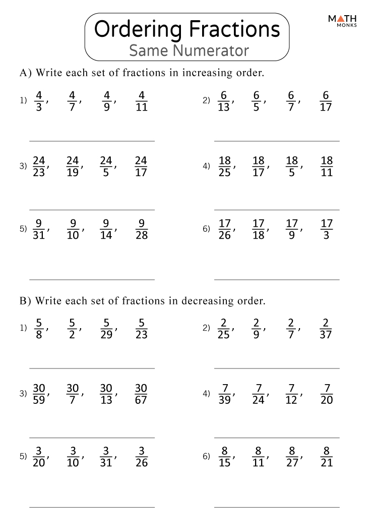 Ordering Fractions Worksheets Math Monks