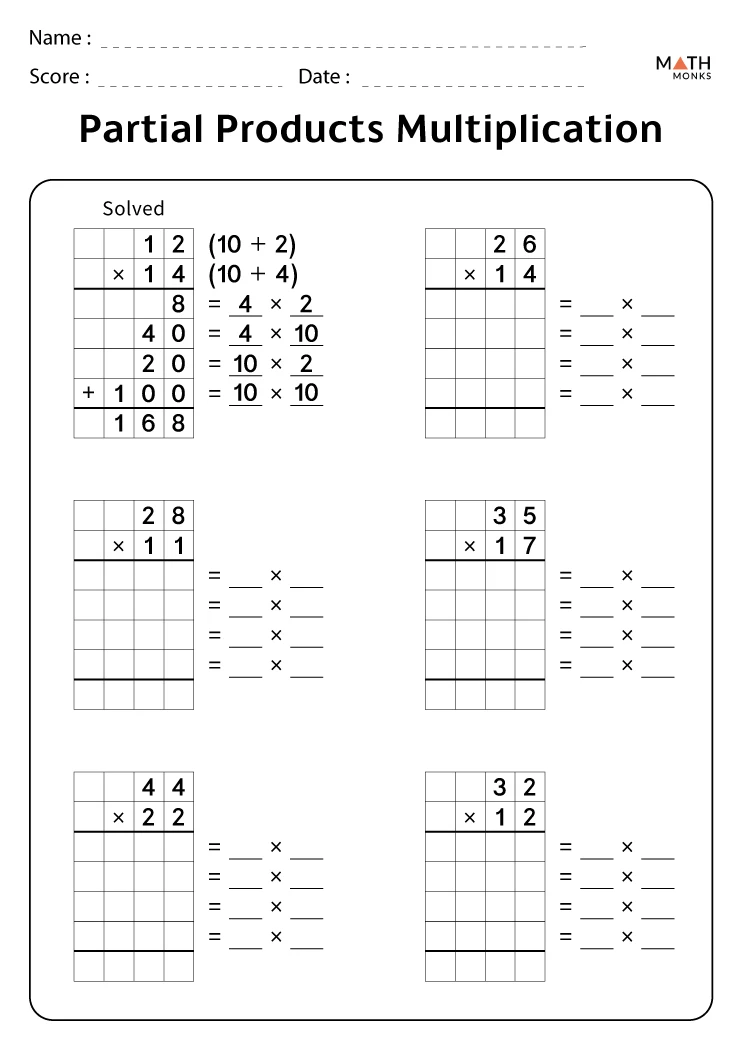 Partial Products Multiplication Worksheets Math Monks