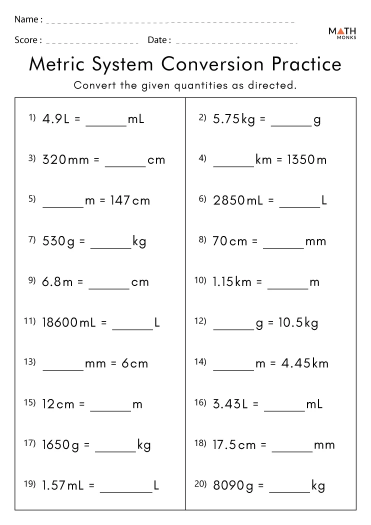 Metric Conversion Worksheets Math Monks