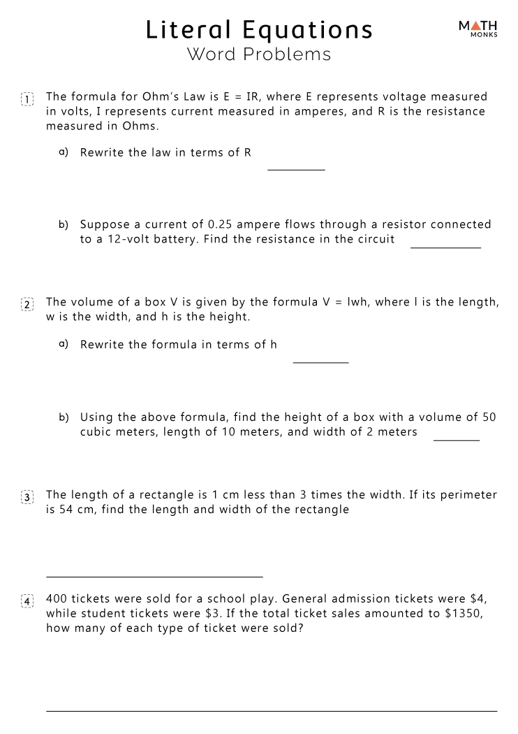 Literal Equations Worksheets Math Monks Literal Equations Worksheets Math Monks