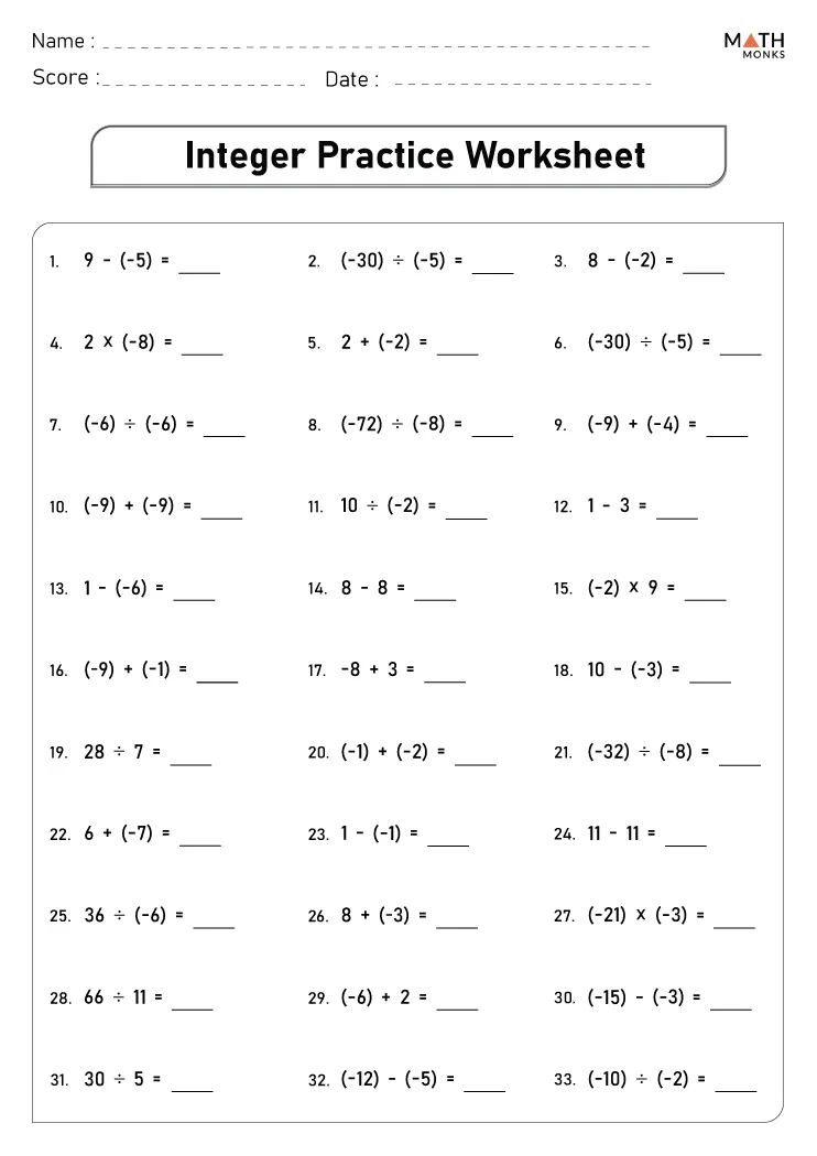 Integers Worksheets Math Monks