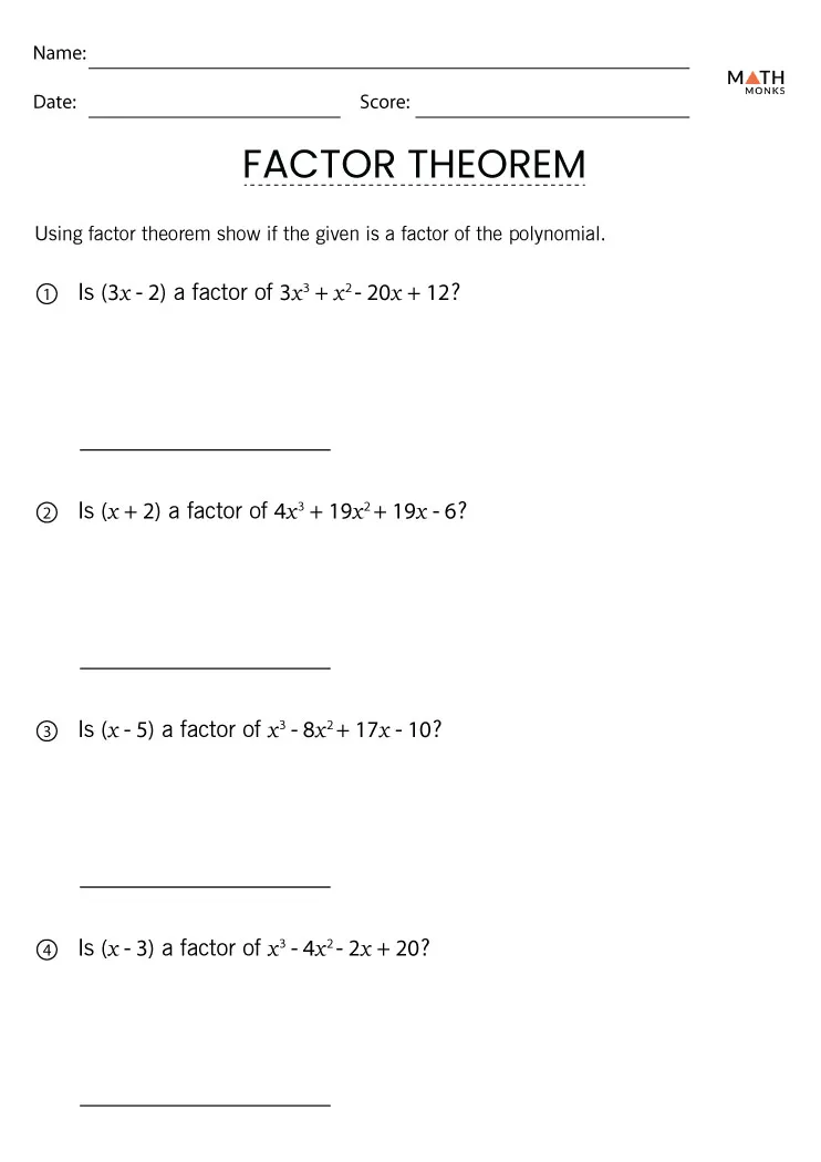 Factor Theorem Worksheets Math Monks Factor Theorem Worksheets Math Monks