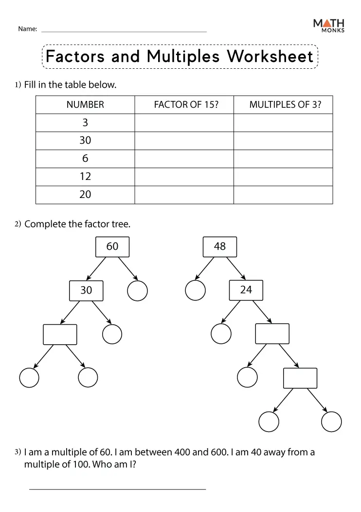 Factors And Multiples Worksheets Math Monks