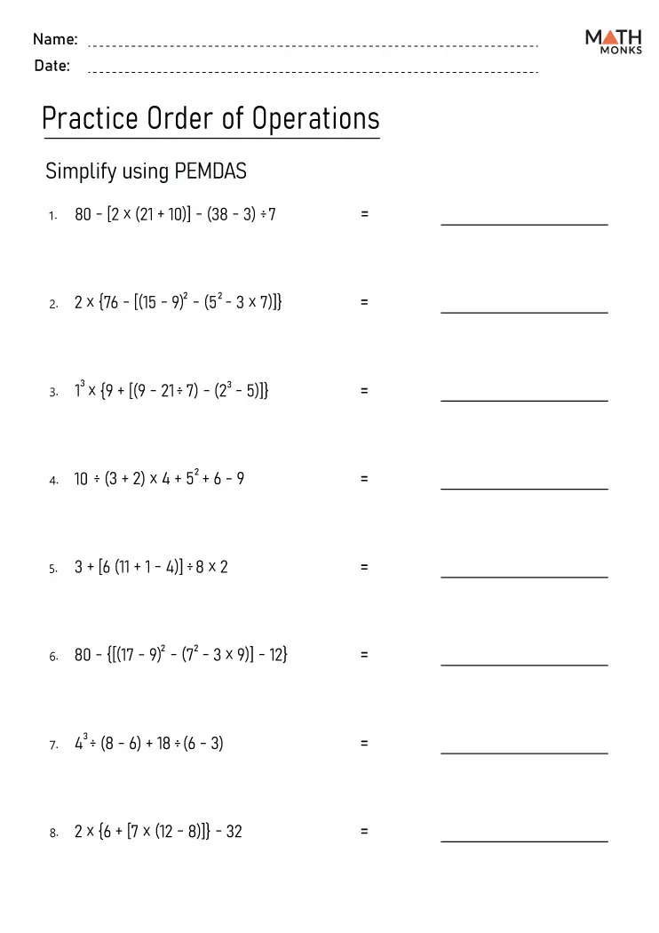 Order Of Operations Worksheets Math Monks Order Of Operations Worksheets Math Monks