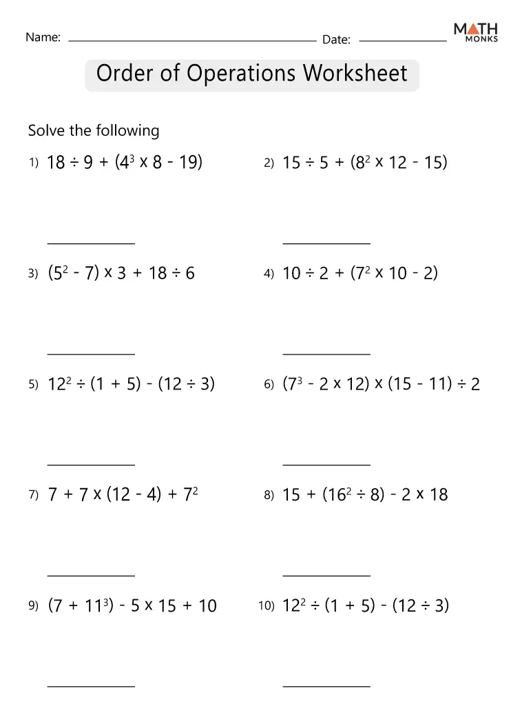 Order Of Operations Worksheets Math Monks