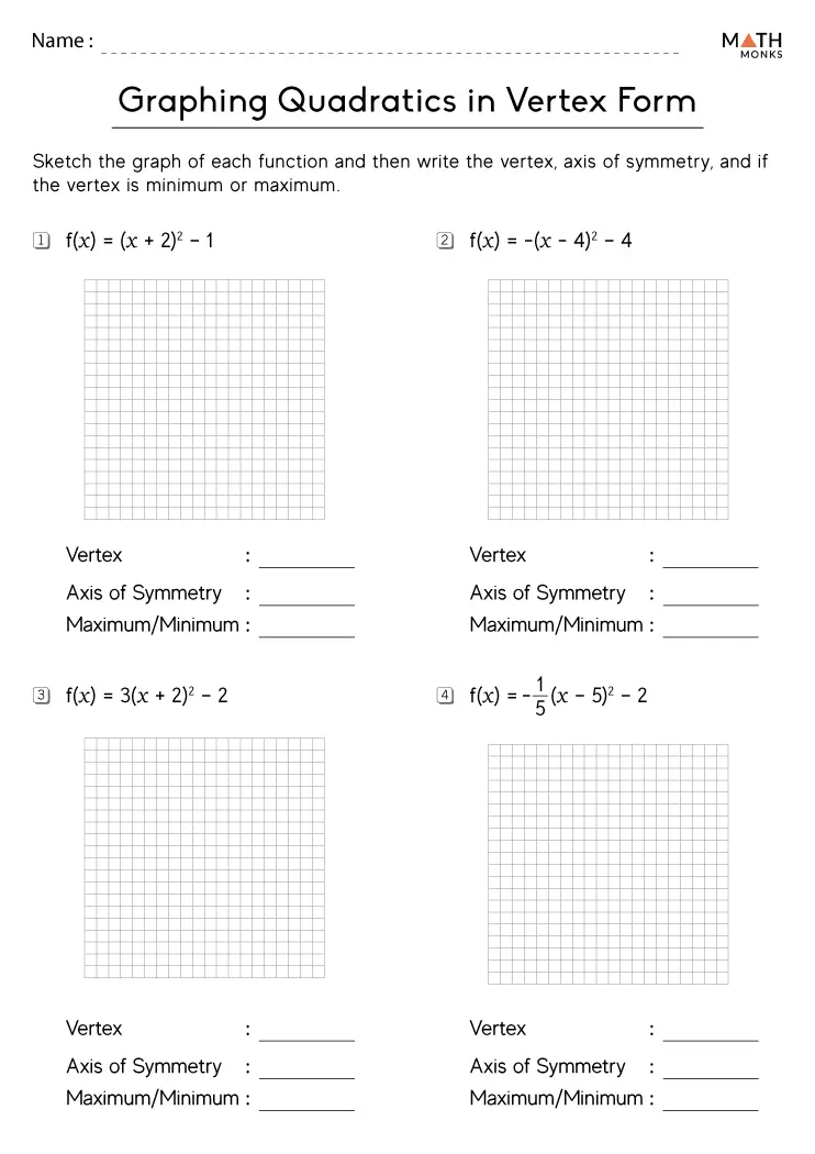 Graphing Quadratics In Vertex Form Worksheets Math Monks