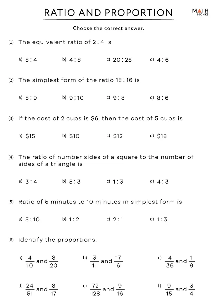 Ratio And Proportion Worksheets Math Monks
