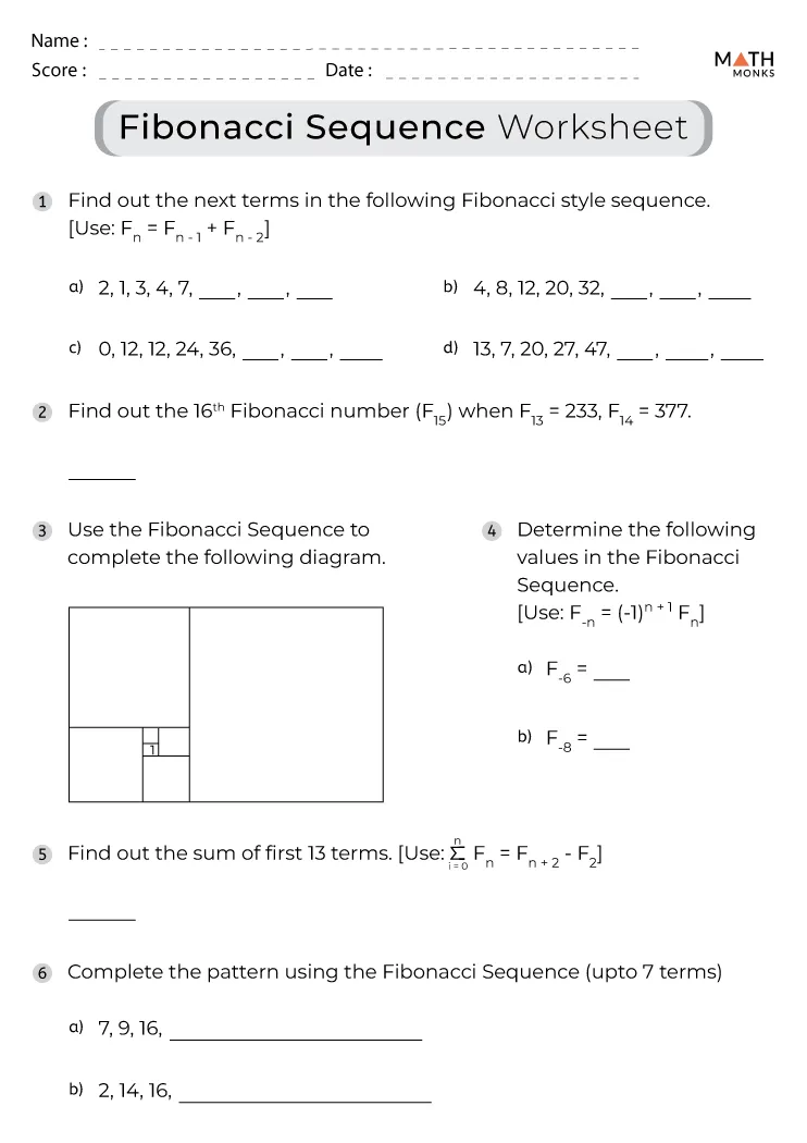 Fibonacci Sequence Worksheets Math Monks