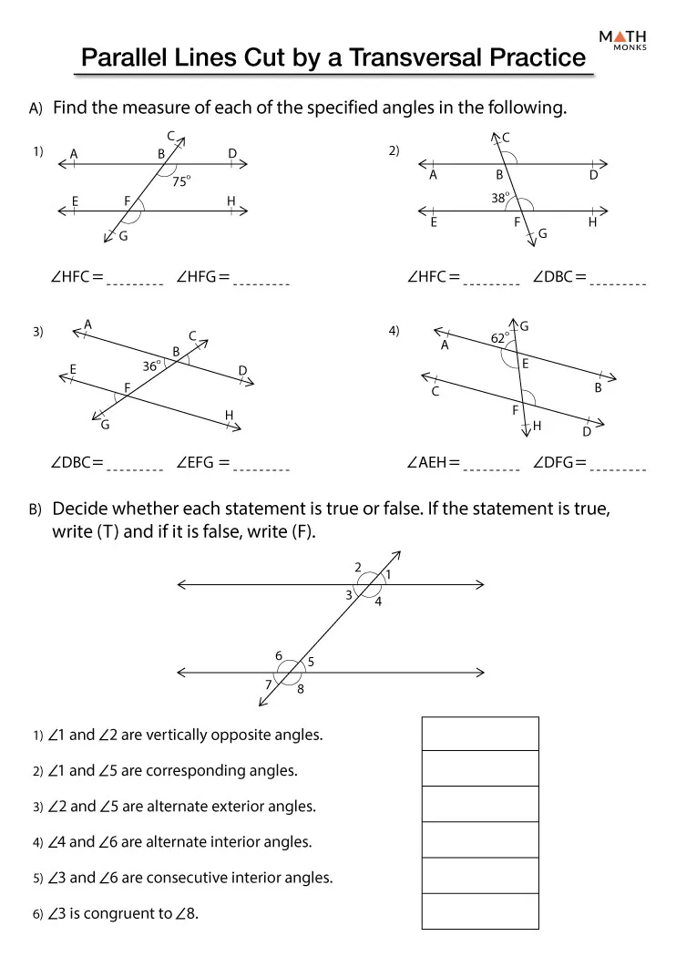 Parallel Lines And Transversals Worksheets Math Monks