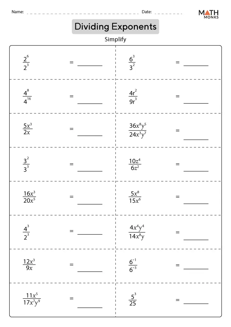 Dividing Exponents Worksheets Math Monks