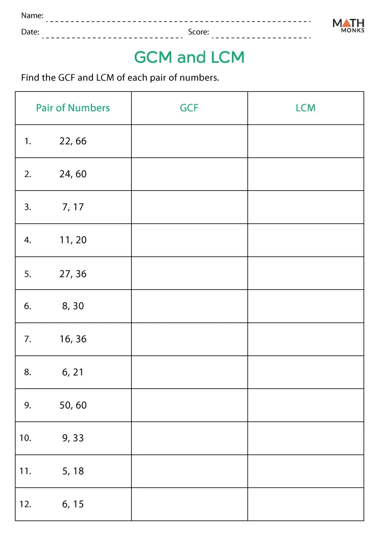 Gcf And Lcm Worksheets 4th Grade Least Common Multiple Worksheets